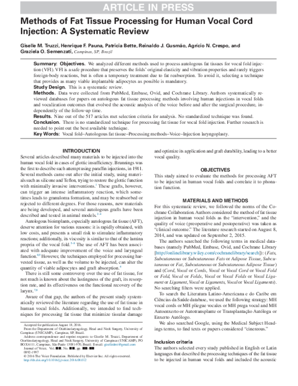 (PDF) Methods of Fat Tissue Processing for Human Vocal Fold Injection ...