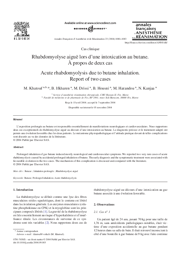 (PDF) Rhabdomyolyse aiguë lors d’une intoxication au butane. À propos ...