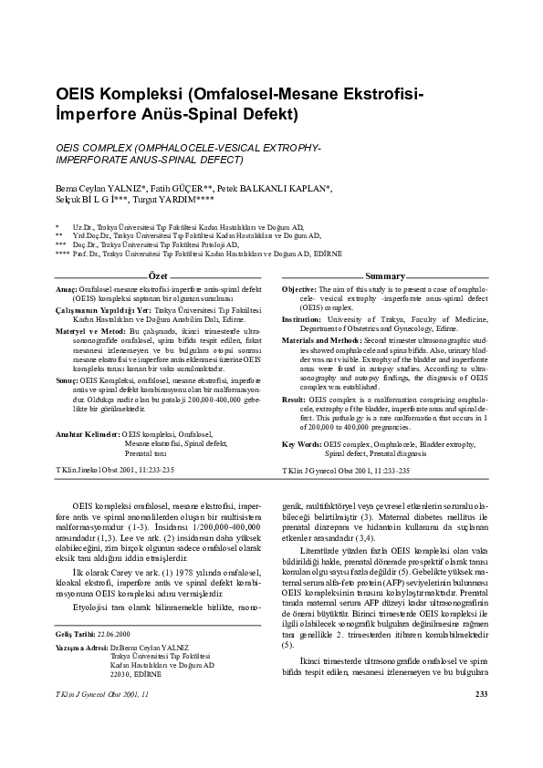 (PDF) OEIS Kompleksi (Omfalosel-Mesane Ekstrofisi-İmperfore Anüs-Spinal ...