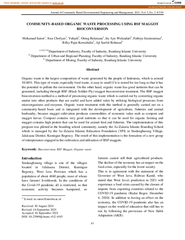 (PDF) Community-Based Organic Waste Processing Using BSF Maggot Bioconversion