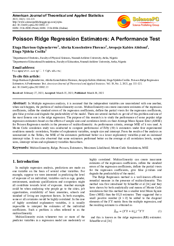 (PDF) Poisson Ridge Regression Estimators: A Performance Test