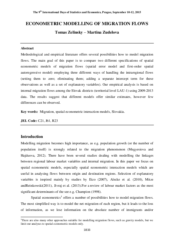 Pdf Econometric Modelling Of Migration Flows