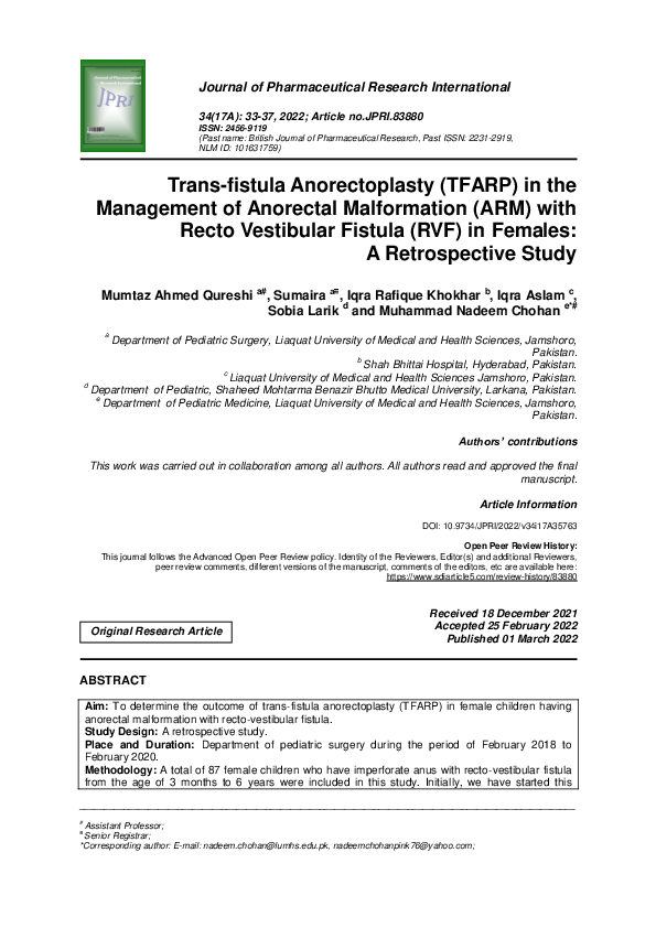 (PDF) Trans-fistula Anorectoplasty (TFARP) in the Management of ...