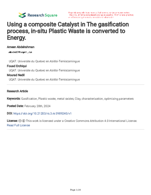 (PDF) Using a composite Catalyst in The gasification process, in-situ ...