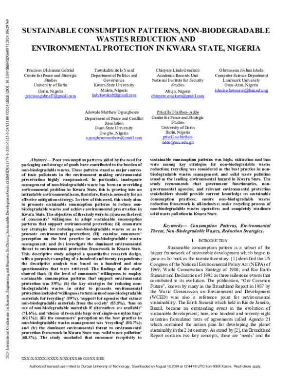 (PDF) SUSTAINABLE CONSUMPTION PATTERNS, NON-BIODEGRADABLE WASTES ...