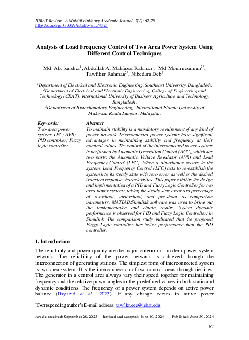 (PDF) Analysis of Load Frequency Control of Two Area Power System using Different Control Techniques