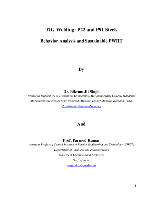 (PDF) TIG Welding: P22 and P91 Steels Behavior Analysis and Sustainable ...