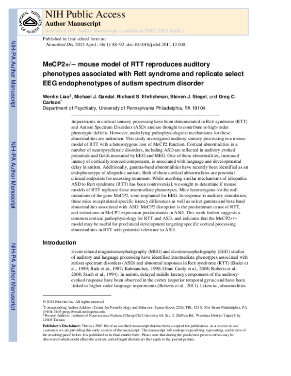 (PDF) MeCP2+/− mouse model of RTT reproduces auditory phenotypes ...