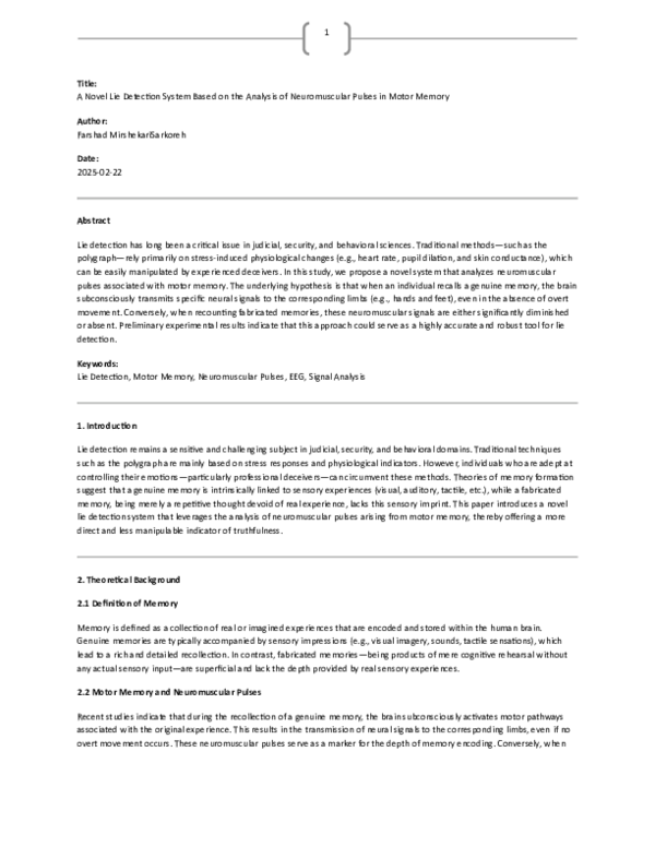 (PDF) A Novel Lie Detection System Based on the Analysis of Neuromuscular Pulses in Motor Memory