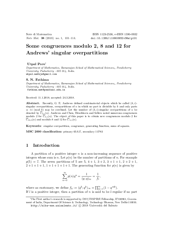 (PDF) Some congruences modulo 2, 8 and 12 for Andrews' singular ...