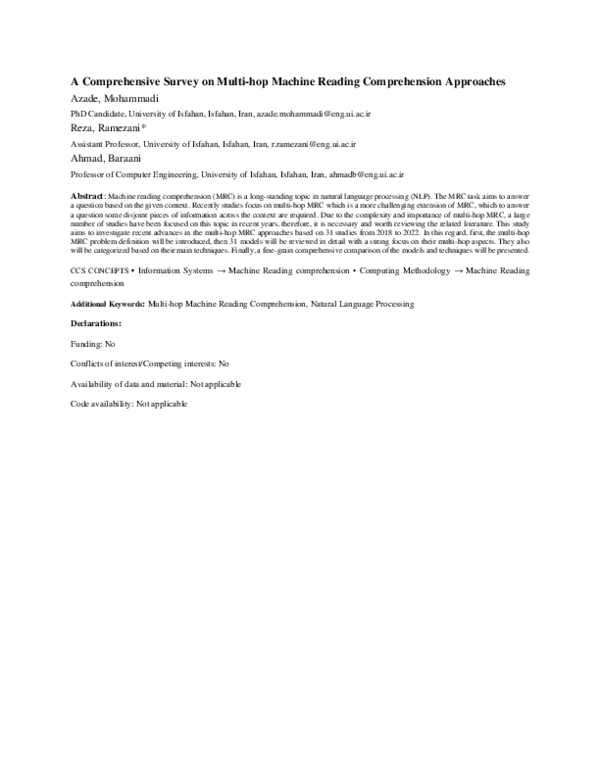 (PDF) A Comprehensive Survey on Multi-hop Machine Reading Comprehension Approaches