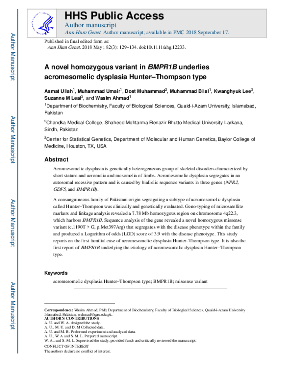 (PDF) A novel homozygous variant in BMPR1B underlies acromesomelic ...