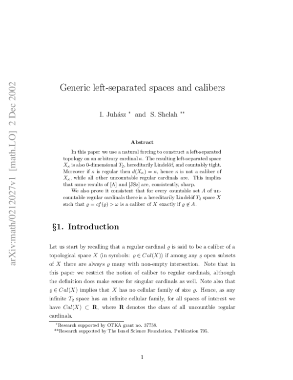 (PDF) Generic left-separated spaces and calibers