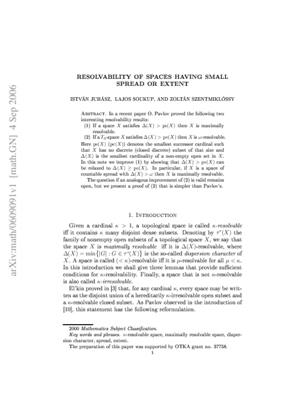 (PDF) Resolvability of spaces having small spread or extent