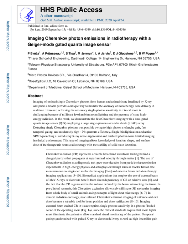 (PDF) Imaging Cherenkov photon emissions in radiotherapy with a Geiger ...