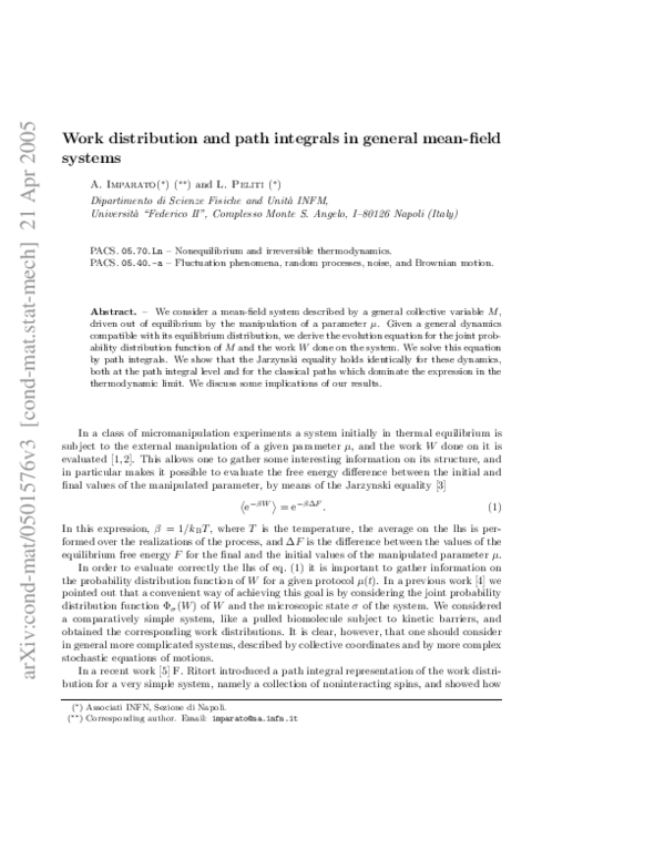 (PDF) Work distribution and path integrals in general mean-field systems