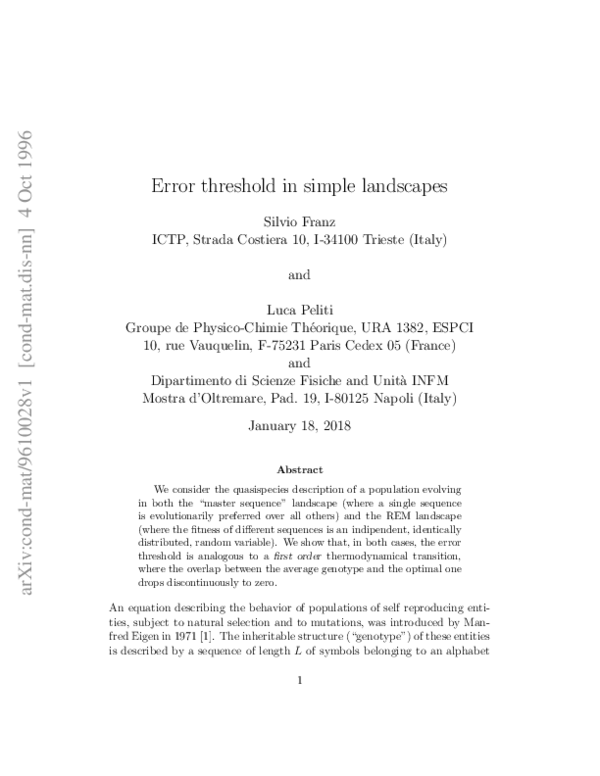 (PDF) Error threshold in simple landscapes