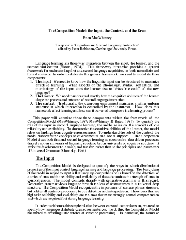 (PDF) The competition model: the input, the context, and the brain