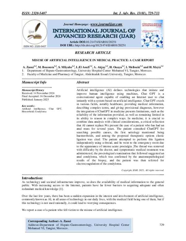 (PDF) MISUSE OF ARTIFICIAL INTELLIGENCE IN MEDICAL PRACTICE: A CASE REPORT