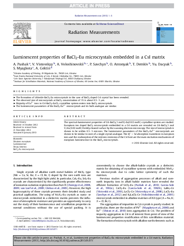 (PDF) Luminescent properties of BaCl2-Eu microcrystals embedded in a CsI matrix