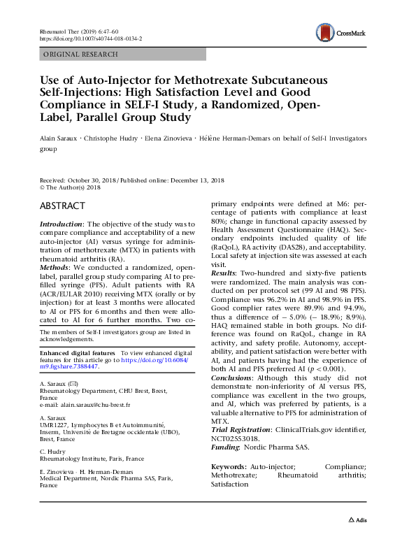(PDF) Use of Auto-Injector for Methotrexate Subcutaneous Self-Injections: High Satisfaction ...