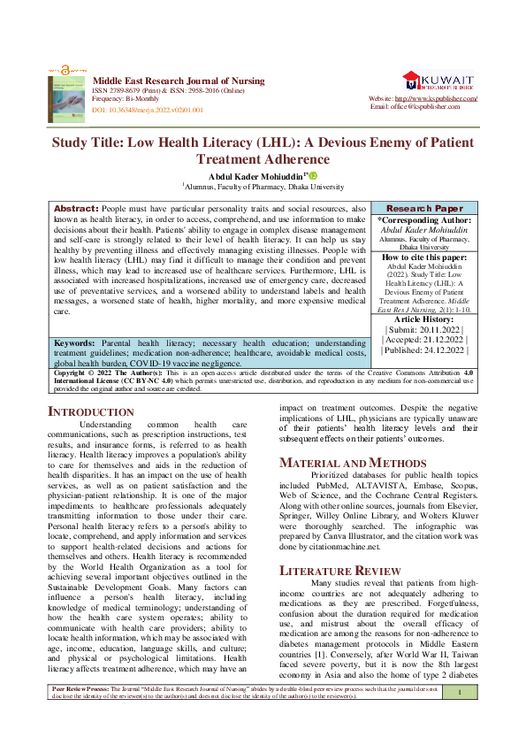 (PDF) Study Title: Low Health Literacy (LHL): A Devious Enemy of ...