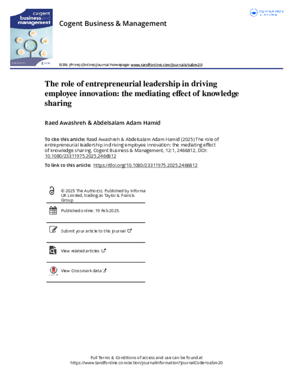 (PDF) The role of entrepreneurial leadership in driving employee innovation: the mediating ...