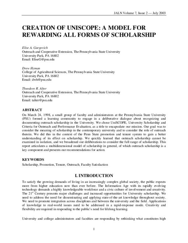 (PDF) Creation of Uniscope: A Model for Rewarding All Forms of Scholarship