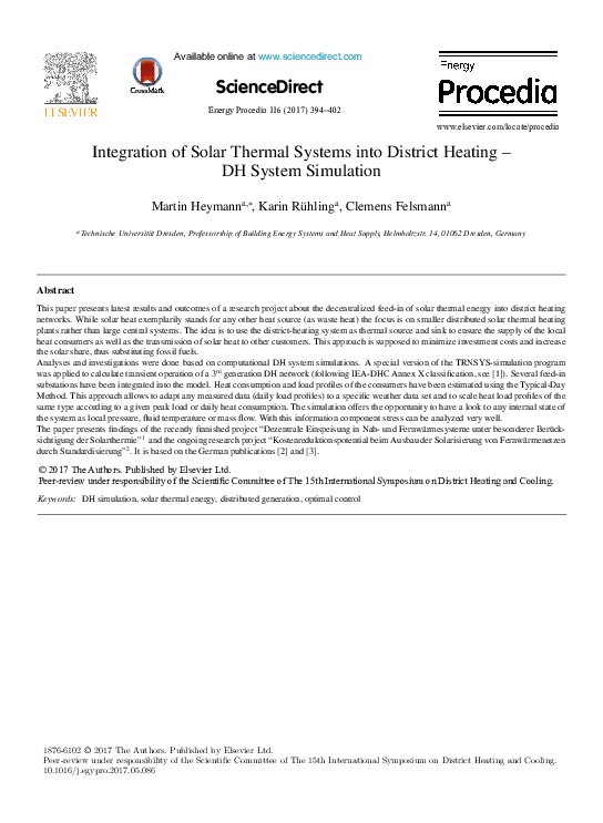 (PDF) Integration of Solar Thermal Systems into District Heating – DH ...
