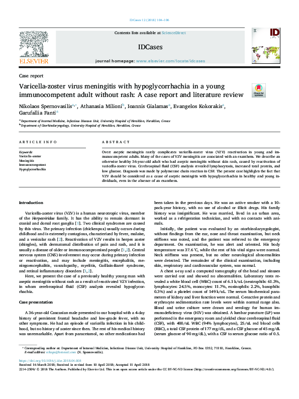 (PDF) Varicella-zoster virus meningitis with hypoglycorrhachia in a ...