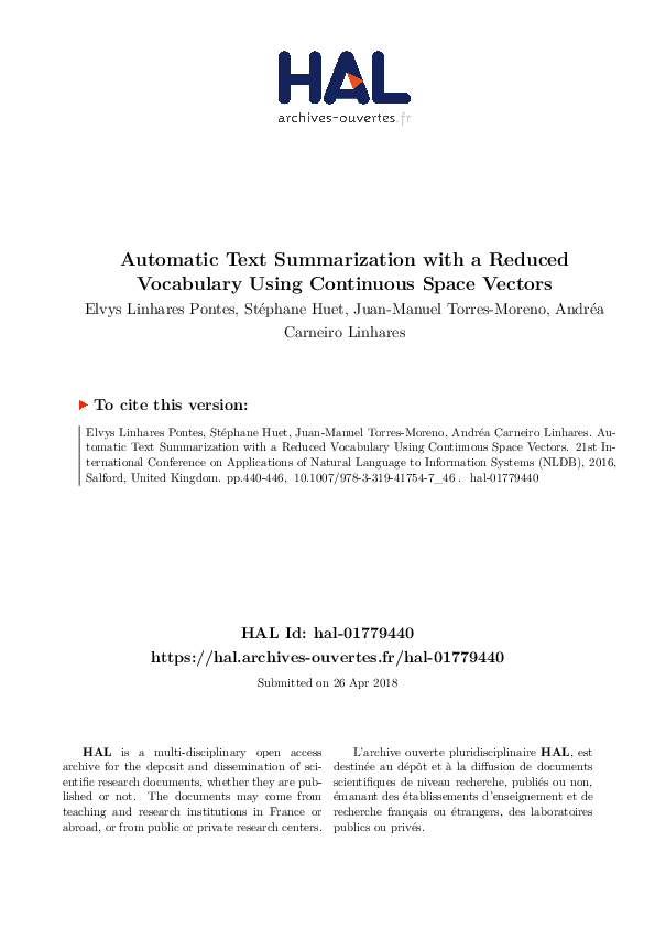 (PDF) Automatic Text Summarization with a Reduced Vocabulary Using ...