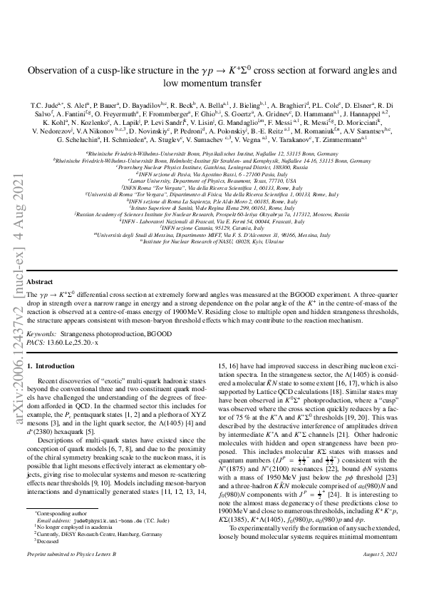 (PDF) Observation of a cusp-like structure in the γp → K+Σ0 cross ...