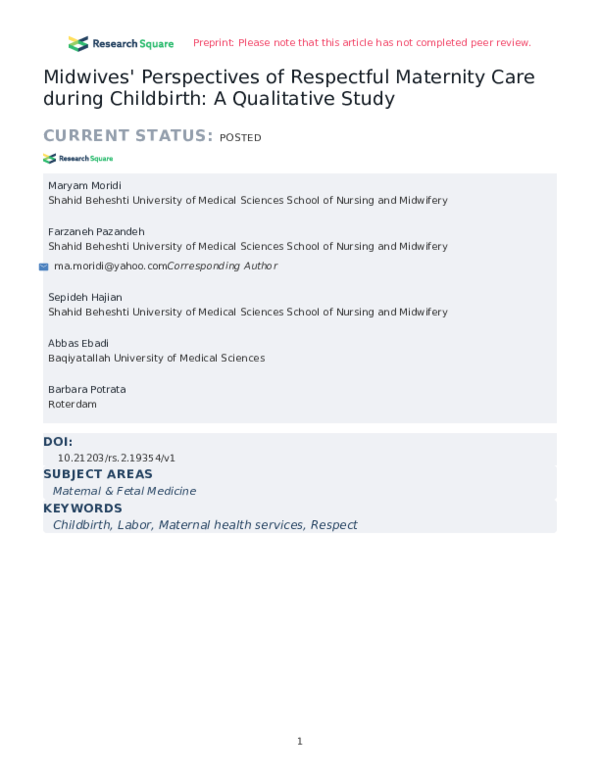 (PDF) Midwives' Perspectives of Respectful Maternity Care during Childbirth: A Qualitative Study