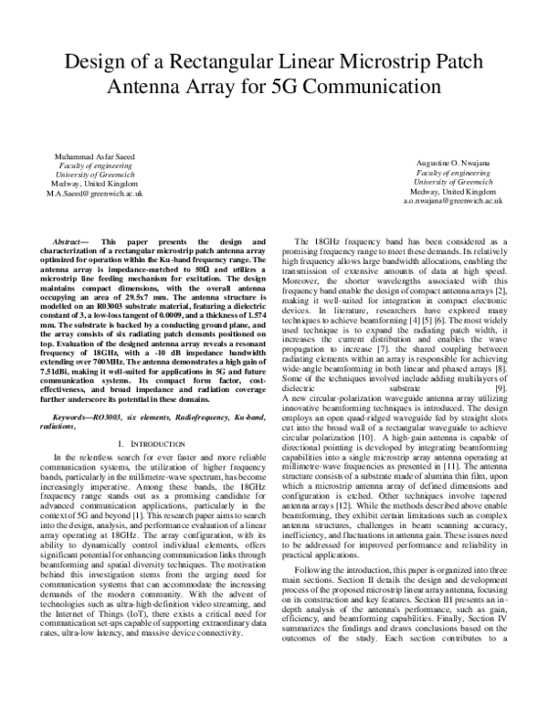(PDF) Design of a Rectangular Linear Microstrip Patch Antenna Array for 5G Communication