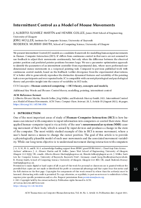 (PDF) Intermittent Control as a Model of Mouse Movements