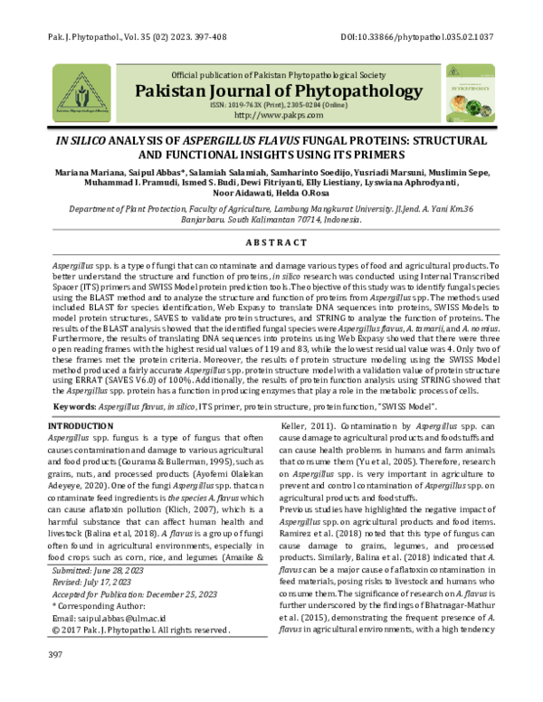 (PDF) In Silico Analysis of Aspergillus Flavus Fungal Proteins: Structural and Functional ...