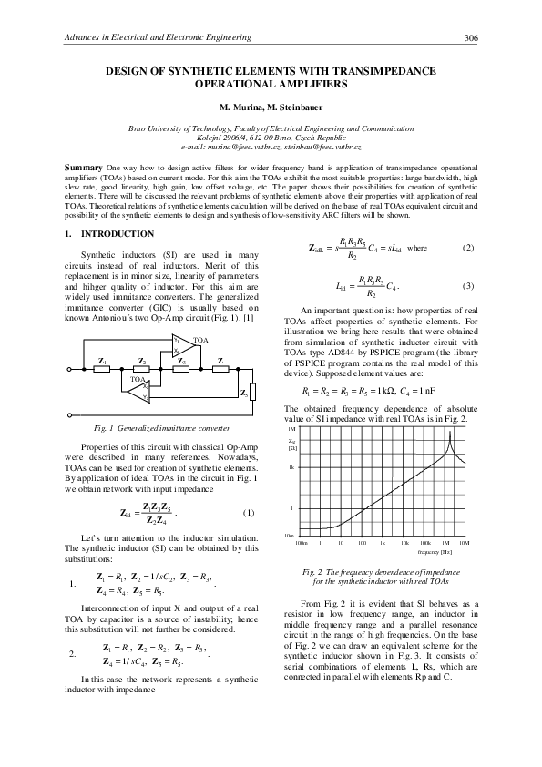 (PDF) Design of Synthetic Elements with Transimpedance Operational Amplifiers