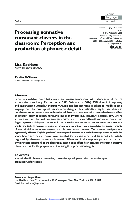 (PDF) Processing nonnative consonant clusters in the classroom: Perception and production of ...
