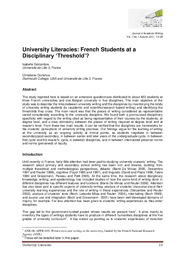 (PDF) University Literacies: French Students at a Disciplinary ‘Threshold’?