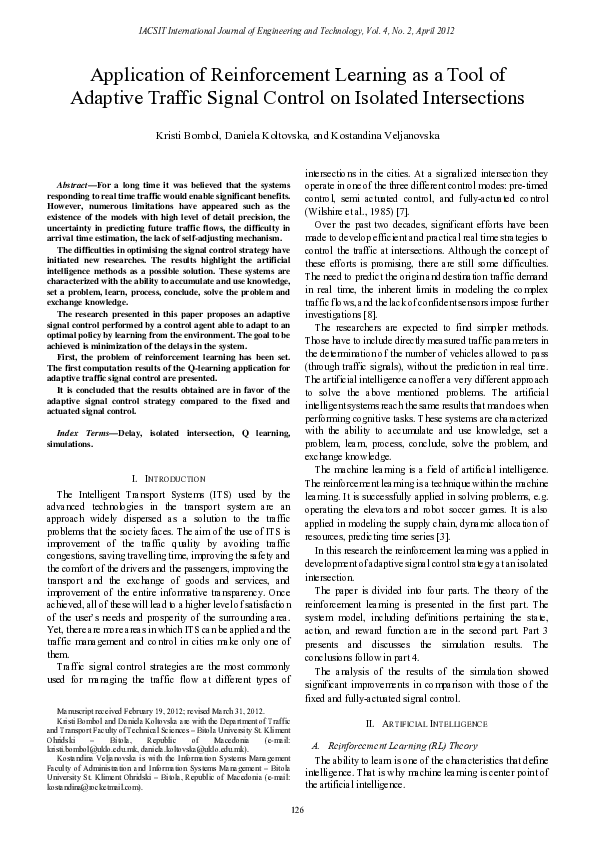 (PDF) Application of Reinforcement Learning as a Tool of Adaptive Traffic Signal Control on ...
