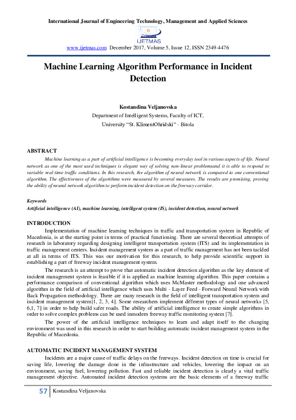 (PDF) Machine Learning Algorithm Performance in Incident Detection