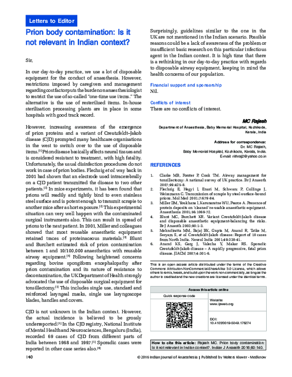 (PDF) Prion body contamination: Is it not relevant in Indian context