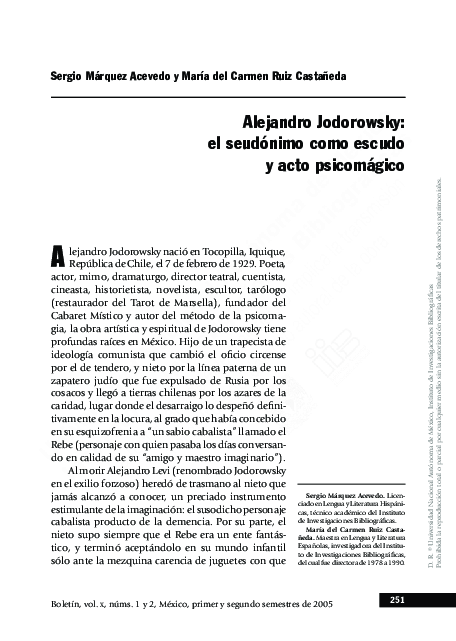 (PDF) Alejandro Jodorowsky: el seudónimo como escudo y acto psicomágico