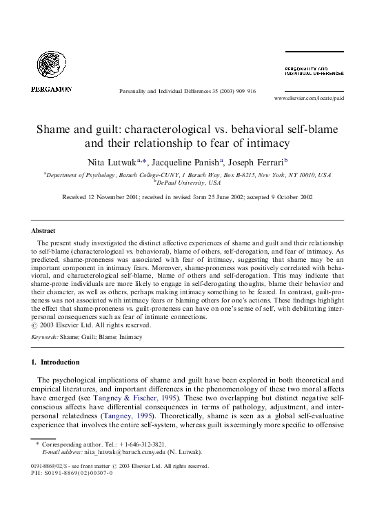 (PDF) Shame and guilt: characterological vs. behavioral self-blame and ...