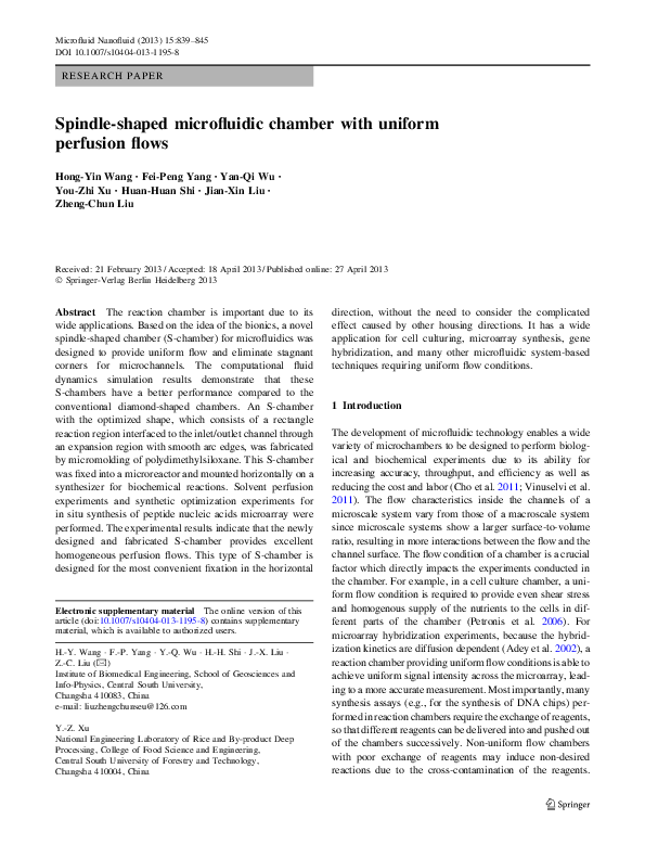 (PDF) Spindle-shaped microfluidic chamber with uniform perfusion flows