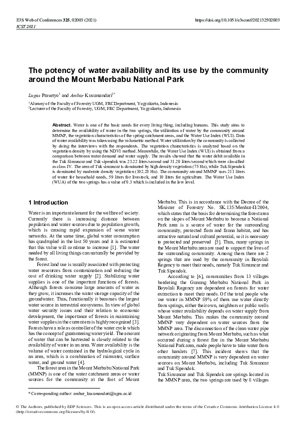 (PDF) The potency of water availability and its use by the community ...
