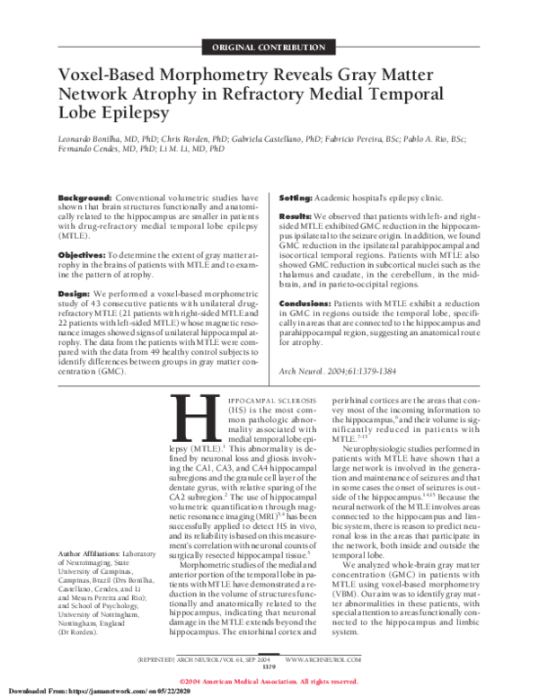 (PDF) Voxel-Based Morphometry Reveals Gray Matter Network Atrophy in Refractory Medial Temporal ...