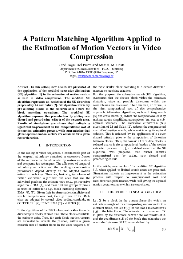 (PDF) A Pattern Matching Algorithm Applied to the Estimation of Motion Vectors in Video Compression
