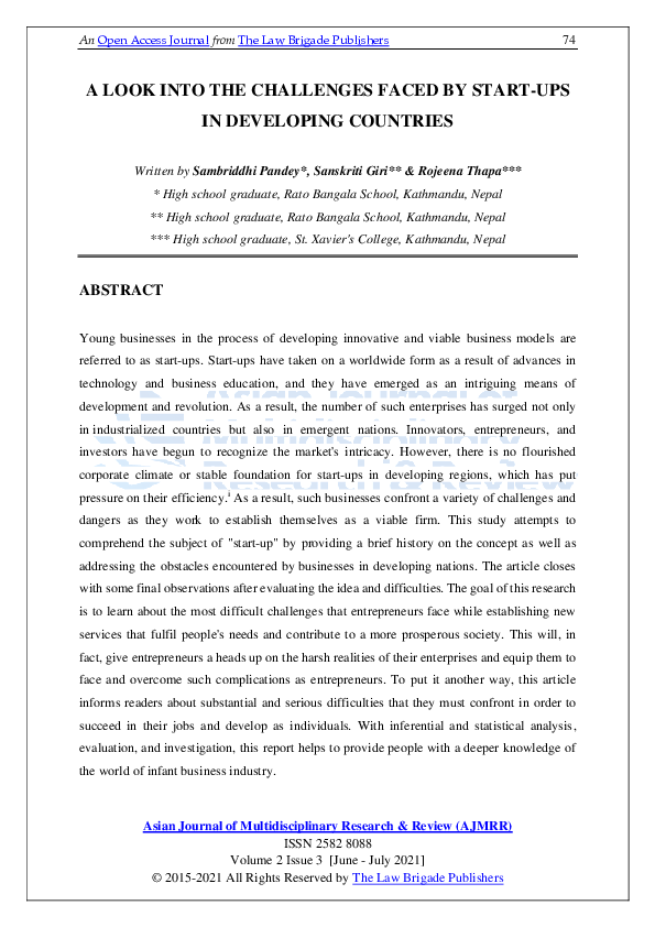 (PDF) A Look Into the Challenges Faced by Start-Ups in Developing Countries
