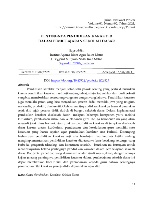 (PDF) PENTINGNYA PENDIDIKAN KARAKTER DALAM PEMBELAJARAN SEKOLAH DASAR